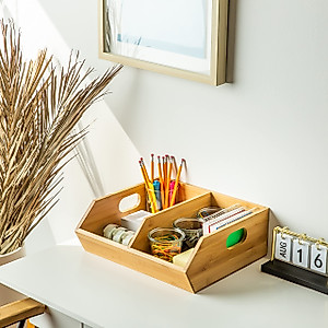 Merlin's Market Space-Saving Bamboo Organizer Bin - Polished 14'' Aesthetic Wood Basket with Ergonomic handles & non-slip feet Spacious box declutters your Kitchen, Bathroom, Bedroom and More