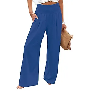 GLIENST Women's Cotton Linen Pants Elastic High Waist Wide Leg Palazzo Lounge Smocked Trousers with for Ladies Pockets One Piece Navy Blue XL X Navy