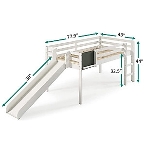 Naomi Home Cindy Kids Loft Bed with Slide, Twin Loft Bed with Slide, Toddler Loft Bed with Slide, Loft Bed Slide with Ladder, Chalkboard, Pine Wood Space Saving Kids Bed Frame for Boys, Girls, White