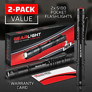 GearLight S100 LED Pocket Pen Light- 2 Small, Compact Flashlights with Clip for Tight Spaces, Police Inspection, Nurses & Medical Use