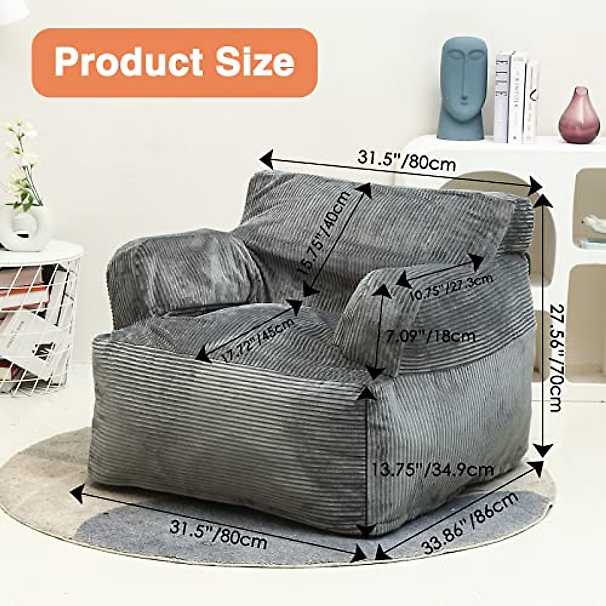 WELL-STRONG Bean Bag Chair, Comfy Lounge Chair with Armrest and Back Support, Memory Foam Filled Sofa Chair with Washable Cover for Bedroom, Living Room Soft Sofa Furniture for Men, Women, Dark Grey