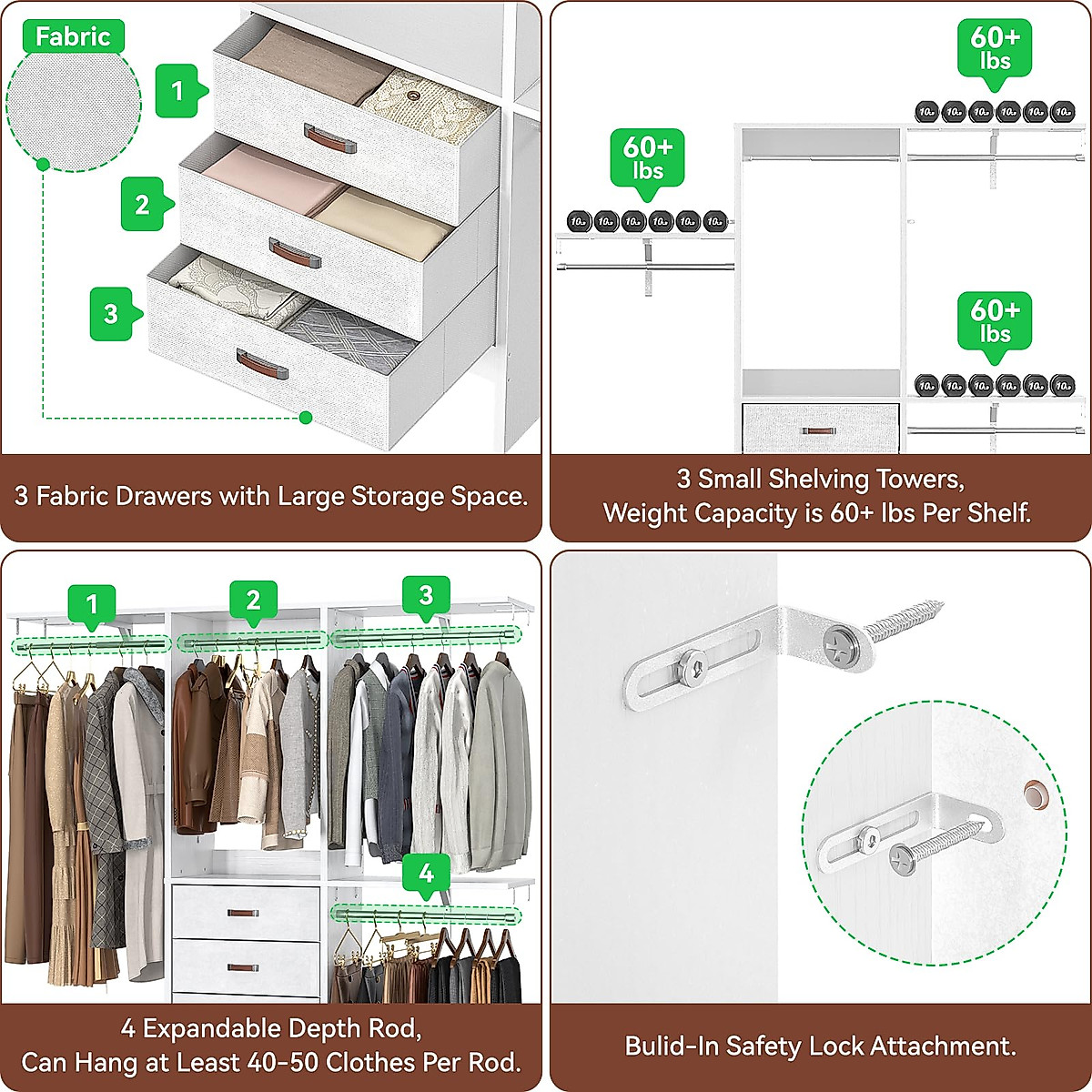 Armocity 5FT Small Closet System with 3 Fabric Drawers, 60 Inches Walk In Closet Organizer System With 3 Adjustable Shelves, Heavy Duty Clothes Rack Built-In Garment Rack, 59" L x 16" W x 71" H, White