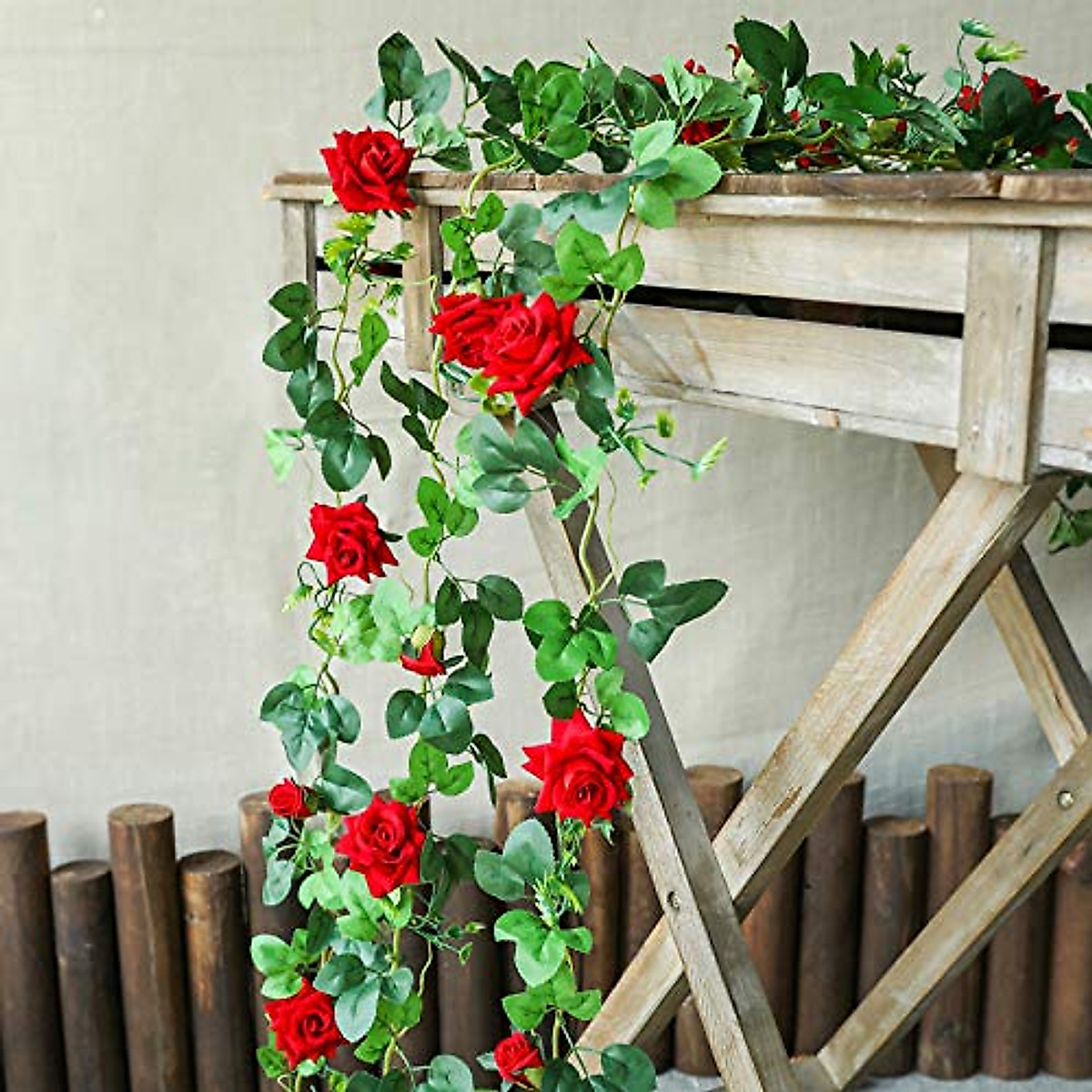 Hobyhoon Artificial Rose Vines Flowers Garland 5.6ft Silk Velvet Rose Vines Fake Hanging Rose Ivy Plant for Wedding Party Home Wall Garden Decorations (Red-3pcs)