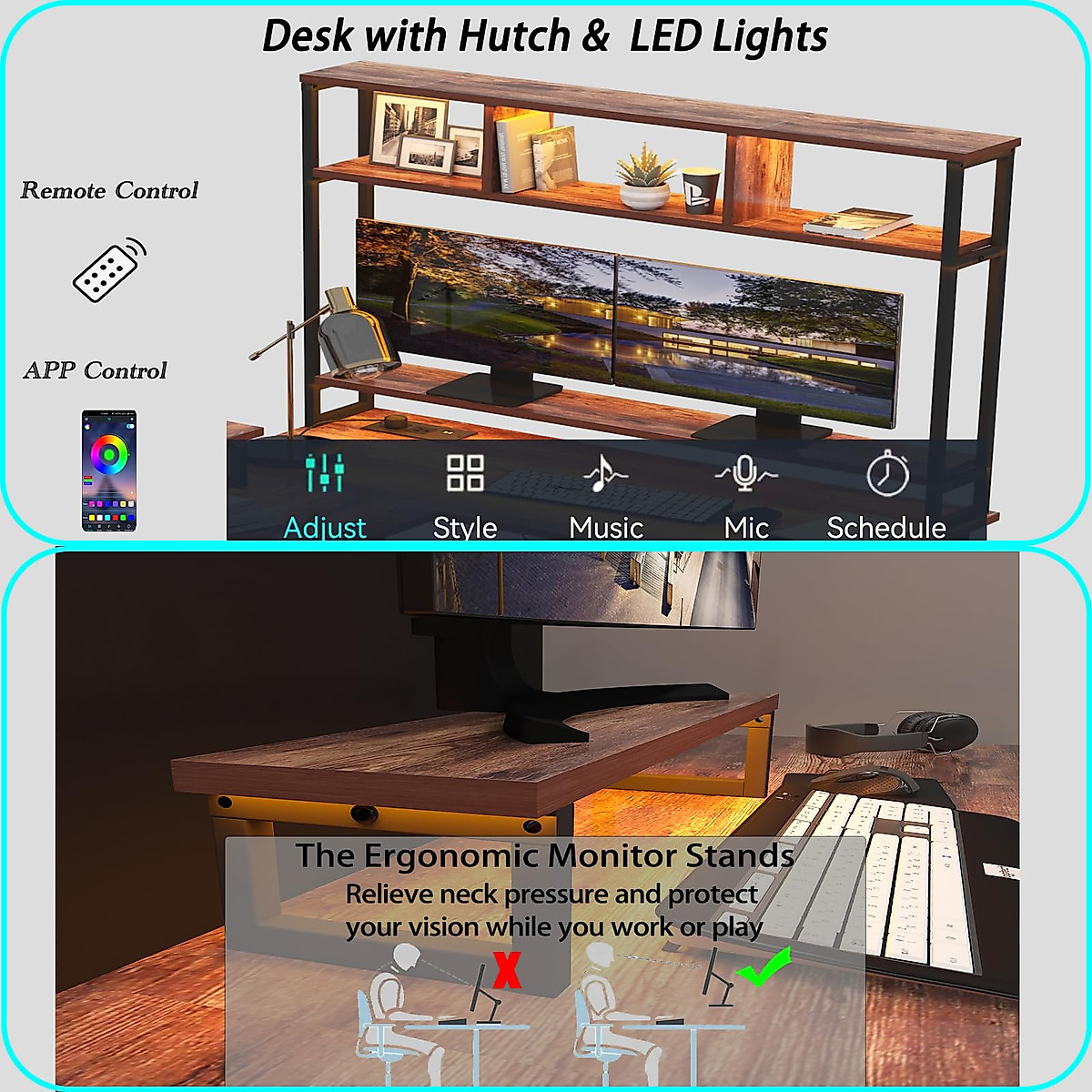 SZXKT L Shaped Desk with Drawers,Corner Desk with Storage,Gaming Desk with Power Outlet,L Desks for Home Office with Monitor Stand and LED Lights, Desk with Shelves and Bookshelf,Rustic Brown