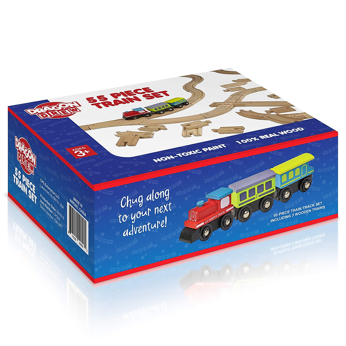 Dragon Drew Wooden Train Tracks - 55 Piece - Compatible with Brio, Thomas, Chuggington and All Major Brands – Accessories and Expansion Kit Includes 52 Tracks and 3 Cute Cars