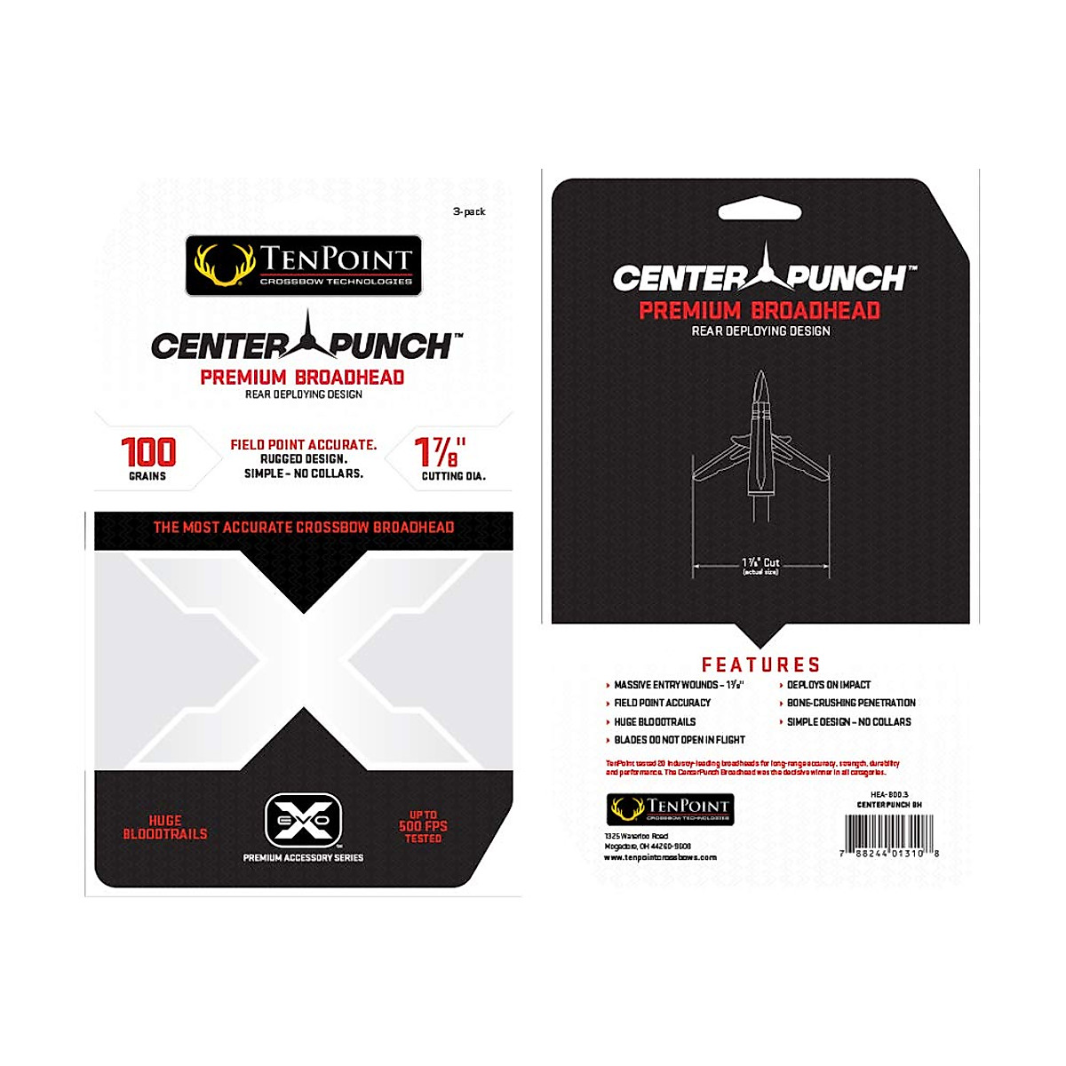 TenPoint EVO-X CenterPunch Broadhead, Red - Pack of 3 - 100-Grain, Rear-Deploying Design