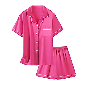 Schbbbta Satin Pajamas for Womens, 2 Pcs Sleepwear Short Sleeve Silk Satin Pajama Outfit for Girls, Hot Pink, US L