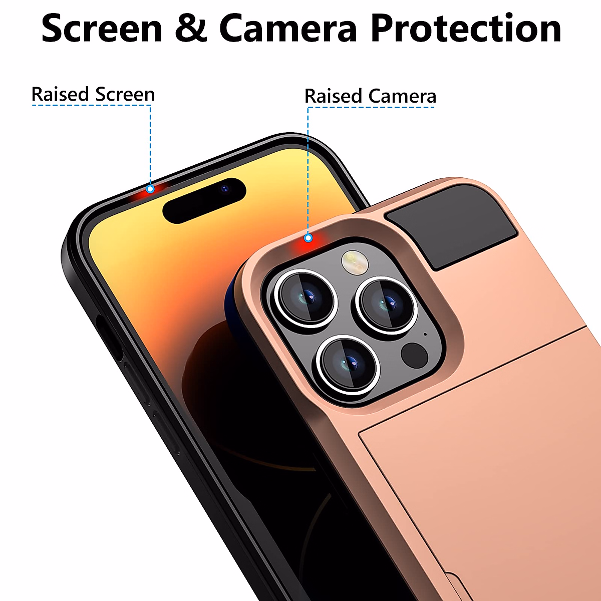 Vofolen for iPhone 14 Pro Max Case Wallet Credit Card Holder ID Slot Sliding Door Hidden Pocket Women Anti-Scratch Dual Layer Hybrid Bumper Armor Protective Shell Cover 6.7 inch Rose Gold