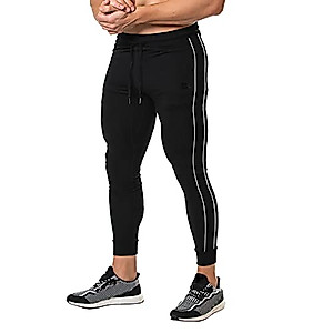 BROKIG Men Double Whitelines Athletic Open Bottom Sweatpants,Casual Workout Lounge Pants with Zipper Pockets,Slim Fit Gym Joggers for Men (X-Large, Black)