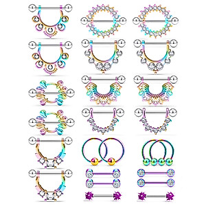 Yaalozei 14G Nipple Rings Piercing Jewelry for Women 316L Stainless Surgical Steel Nipple Tongue Nipplerings ring Bar Barbell Piercing jewelry Stud Hoops Purple Colorful Rainbow Shining Cute 14mm
