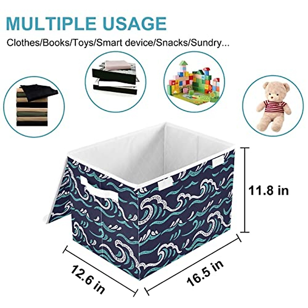 CaTaKu Sea Waves Dark Blue Storage Bins with Lids Fabric Large Storage Container Cube Basket with Handle Decorative Storage Boxes for Organizing Clothes Shelves