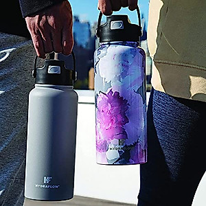 Hydraflow Hybrid - 34oz Triple Wall Vacuum Insulated Bottle with Flip Straw - Insulated Water Bottle - Stainless Steel Bottle - Water Bottle with Straw - Reusable Water Bottle (34oz, White Marble)