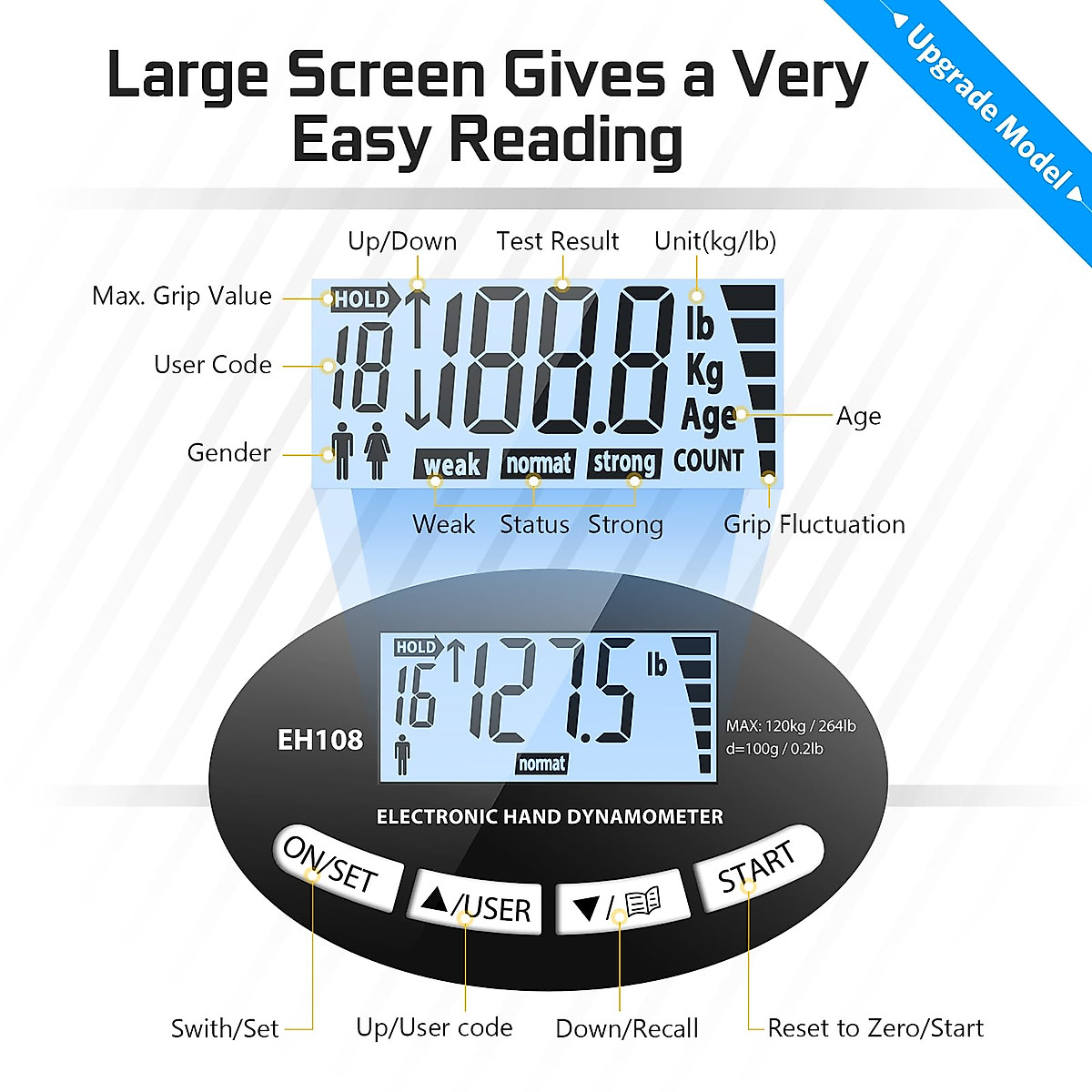 Hand Dynamometer Grip Strength Trainer - Electronic Hand Grip Strength Tester Grip Strengthener Hand Exerciser Meter Digital Hand Grip Training Gauge 265 Lbs / 120 Kgs for Sport Home School Use