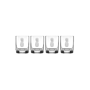 Lenox Tuscany Classics Cylinder DOF Whiskey Glasses with Pineapple Engraving/Set of 4 Engraved Crystal Rocks Glasses for Bourbon, Scotch, Rye, Clear