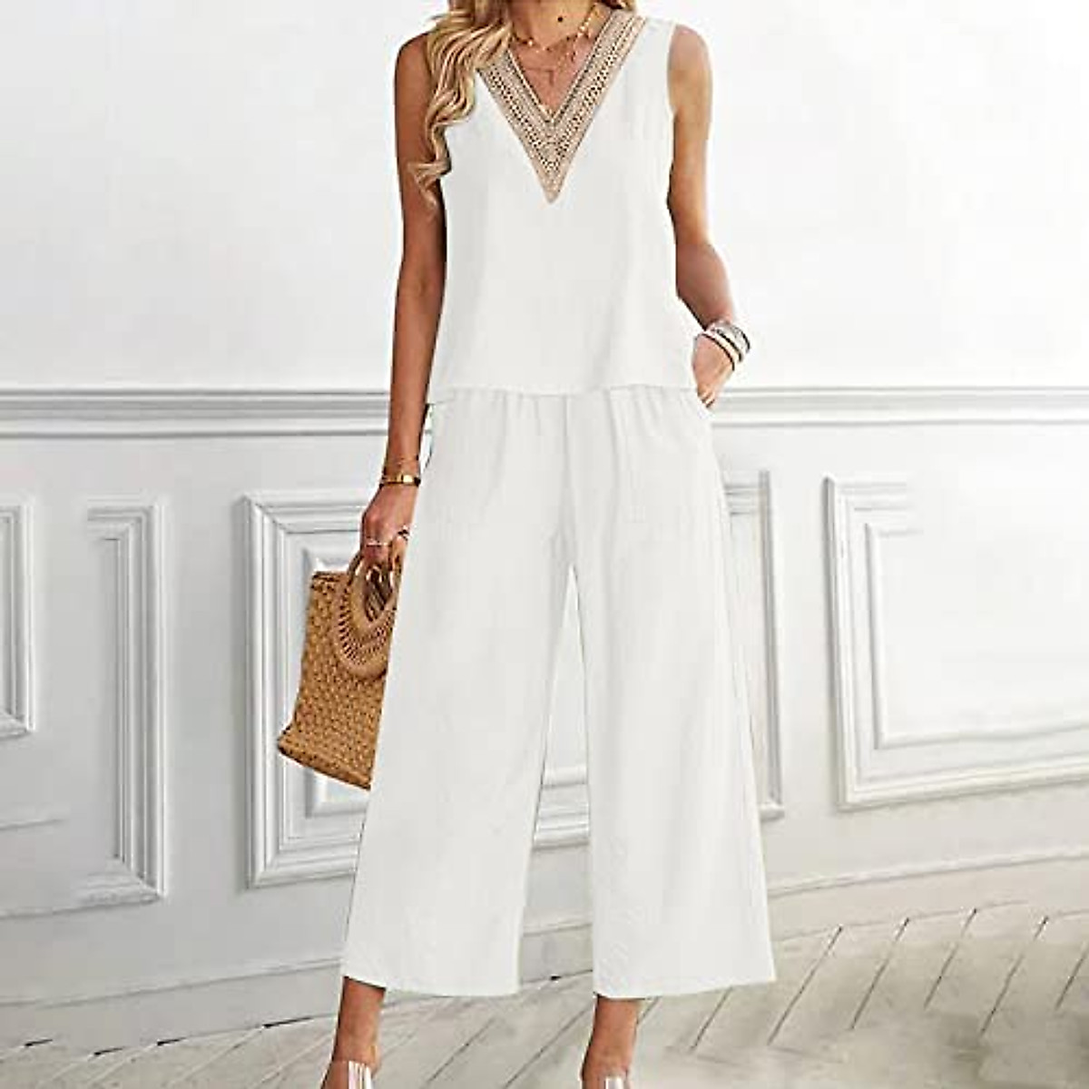 H-626 White Womens Pants Sets Faux Gauze Linen Pants Sets for Ladies Capri Cami Tank Flared Wide Leg Basic Bootcut Summer Fall Pants Sets Button 2023 Clothing Y2K MR XL