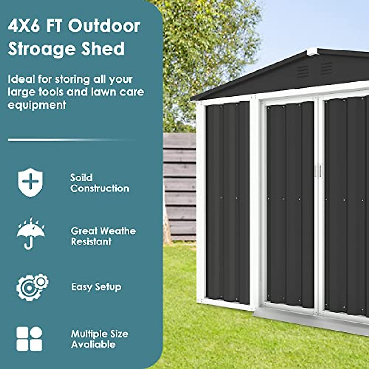 Crownland 4' x 6' Outdoor Garden Storage Shed, Sliding Door Outdoor Lawn Steel Roof Style Sheds with Air Vent for Garden, Lawn, Backyard (Gray)