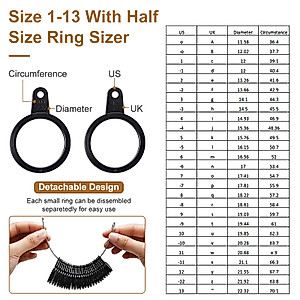 11 Pieces US UK Ring Mandrel Set, Size 1-13 with Half Size Ring Sizer Gauge Ring Mandrel Jewelry Hammer Ring Sizer Adjuster Polishing Cloth Polishing Stick Polished Agate Knife Measuring Tool (Black)
