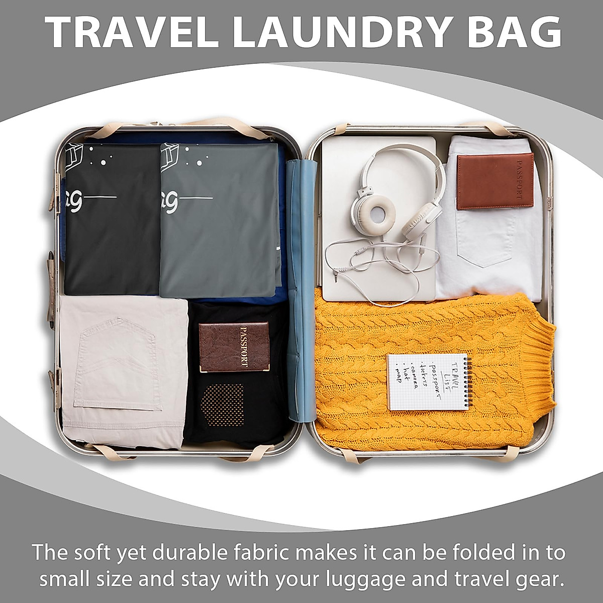 Large Travel Laundry Bags with Zipper, Waterproof Wet Dry Diaper Bags for Dirty Clothes Suitcase, Swimwear, Gym Clothes, Washable Camp Laundry Bag Sleepaway Suitable for Fitness (Black+Grey)