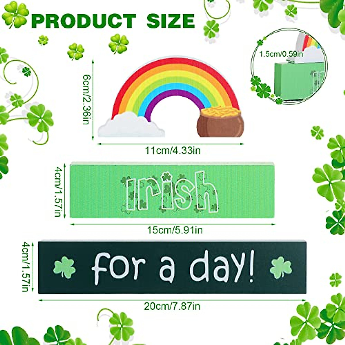 3 Pieces St Patricks Day Table Wood Signs, Rainbow Shamrock Table Top Decor Irish Lucky Wood Block St Patricks Day Wooden Sign Centerpiece for Home Fireplace Office Shelf
