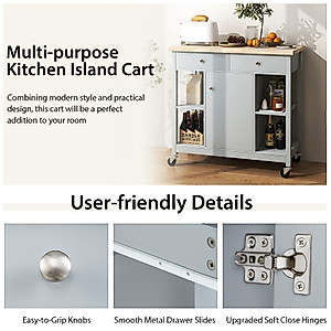 Giantex Mobile Kitchen Island Cart, Rolling Kitchen Island w/Rubber Wood Top, 4 Open Shelves, 2 Deep Drawers, 1 Enclosed Cabinet, Serving Utility Trolley on Wheels for Kitchen, Dining Room (Gray)