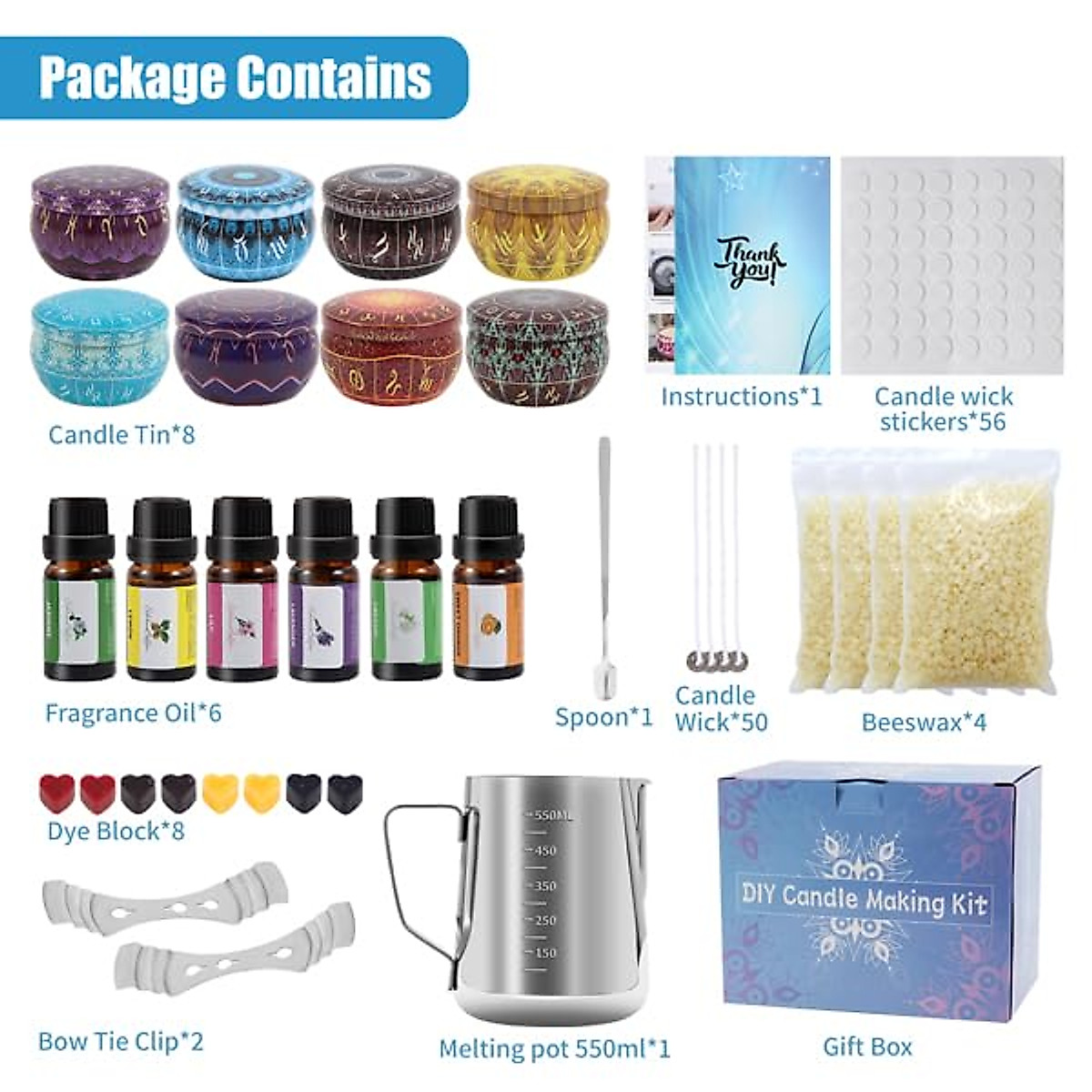 DIY candle making kit supplies gift for adults beginners, which contains candle wicks, wax, jars, stickers, a Pouring Pot. etc. Perfect hobbies, candle kit gift for parent-child lovers women.