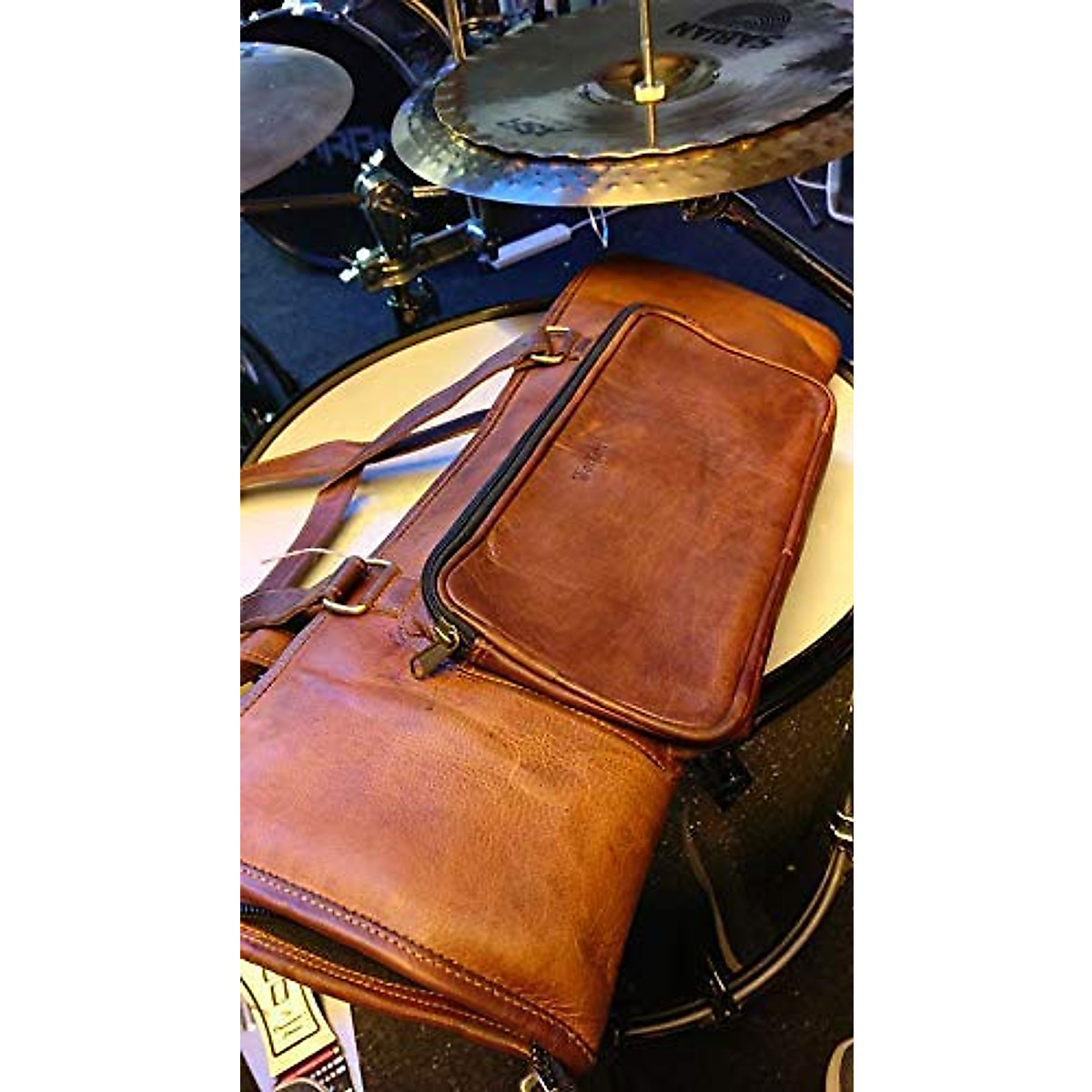 WerKens Leather Drumstick Bag Floor Tom Hooks Holds 8-10 Pairs Drum Sticks Mallets Brushes Percussion Drum Stick Bag Easy Carry Handles (Brown) – DSB002