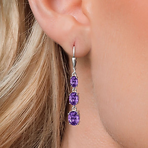 Gem Stone King 925 Sterling Silver Gemstone Birthstone 3-Stone Drop Dangle Earrings | Oval 8X6MM 7X5MM and 6X4MM | Three Stone Leverback Earrings For Women