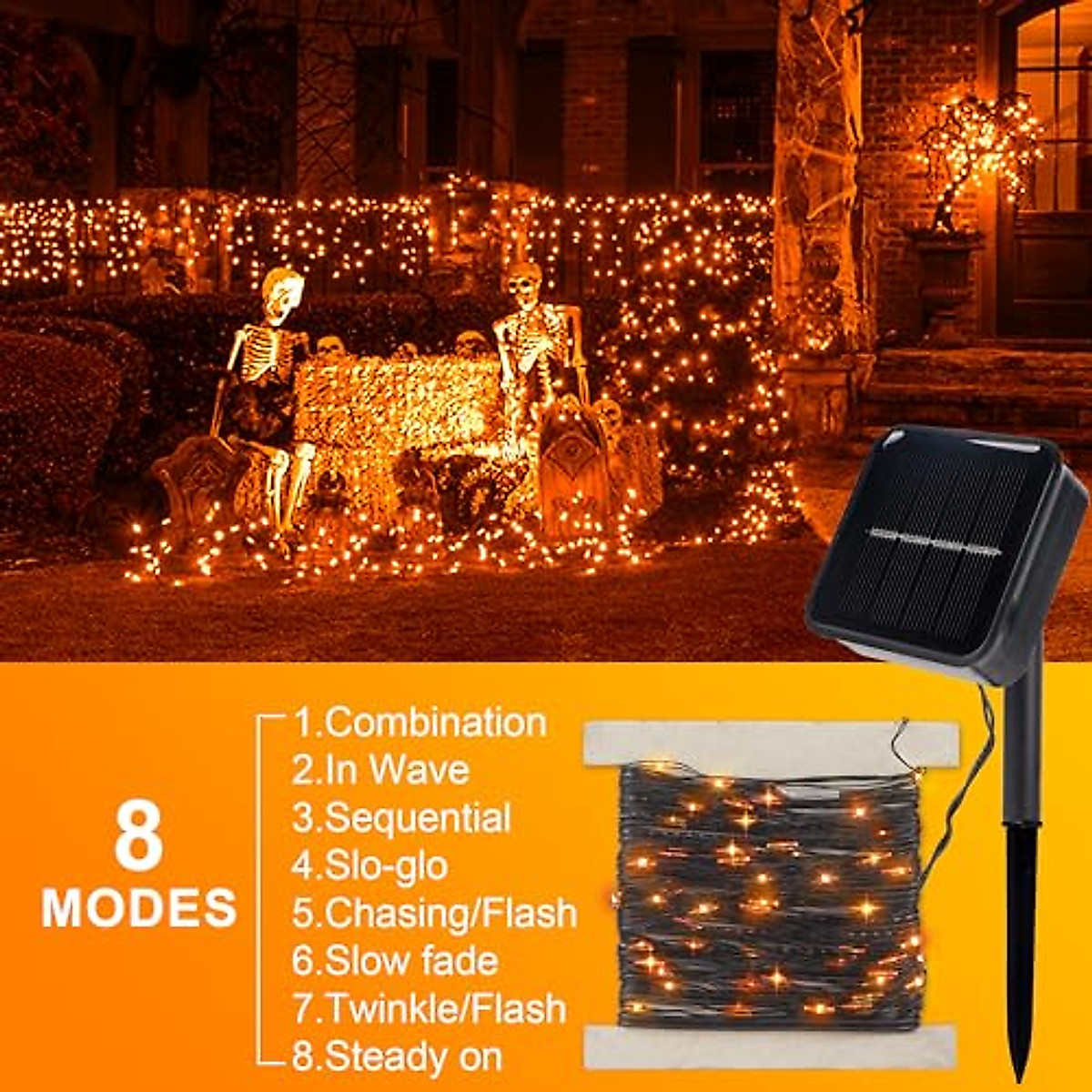 kemooie 2 Pack 100 LED Orange Solar Halloween Lights, 8 Twinkle Modes Waterproof Upgraded Solar Powered Fairy Lights, for Outdoor Garden Patio Christmas Halloween Decorations (Orange)