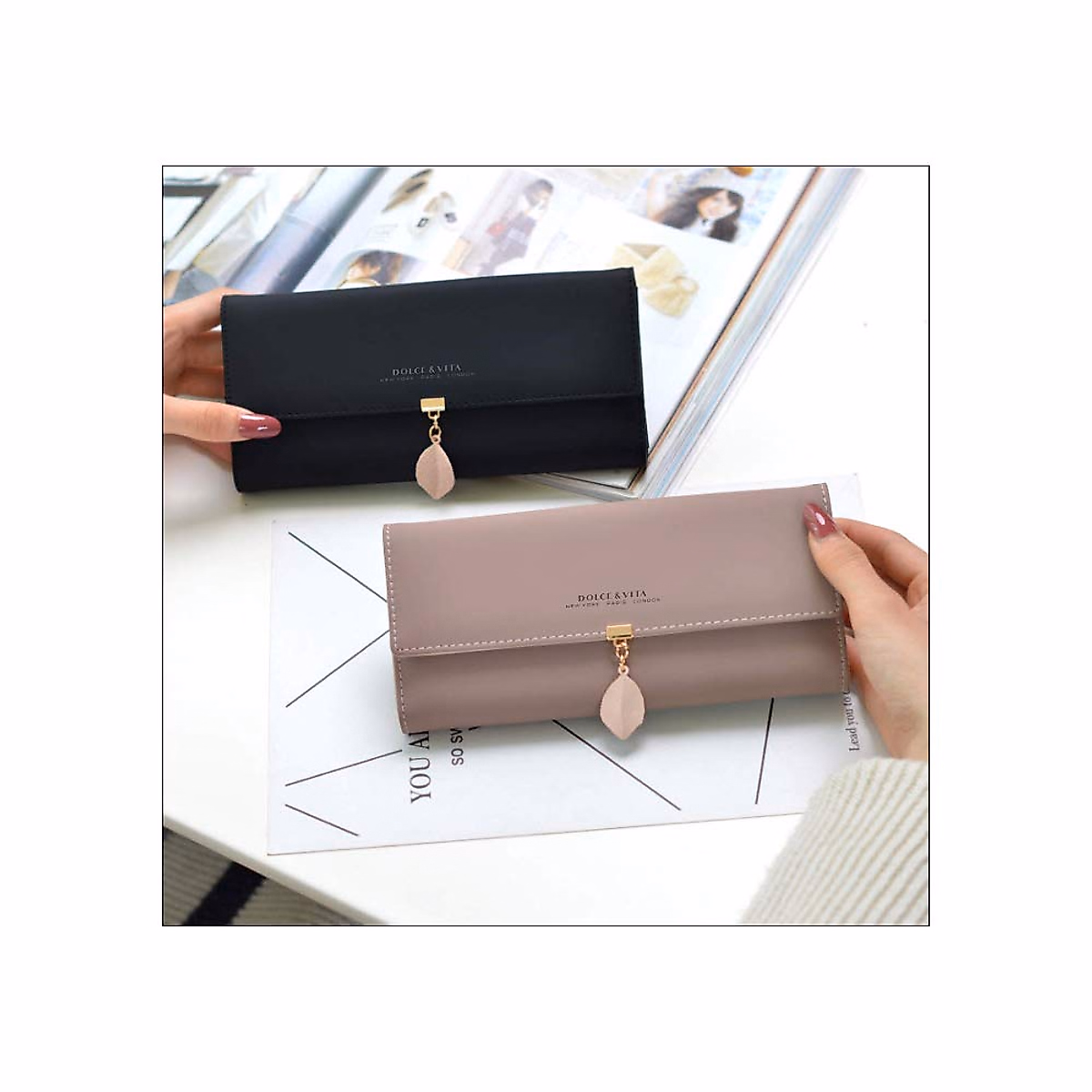 Chic Boutique De Mode Wallets for Women Large Wallet Leather Phone Wallet Ladies Girls Cute Long Slim Trifold Soft Purse Unique Original (Black)