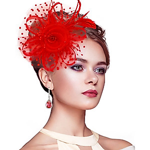 Fascinators for Women Kentucky Derby Hats,Tea Party Hat Headband Hair Clip for Wedding Cocktail Red