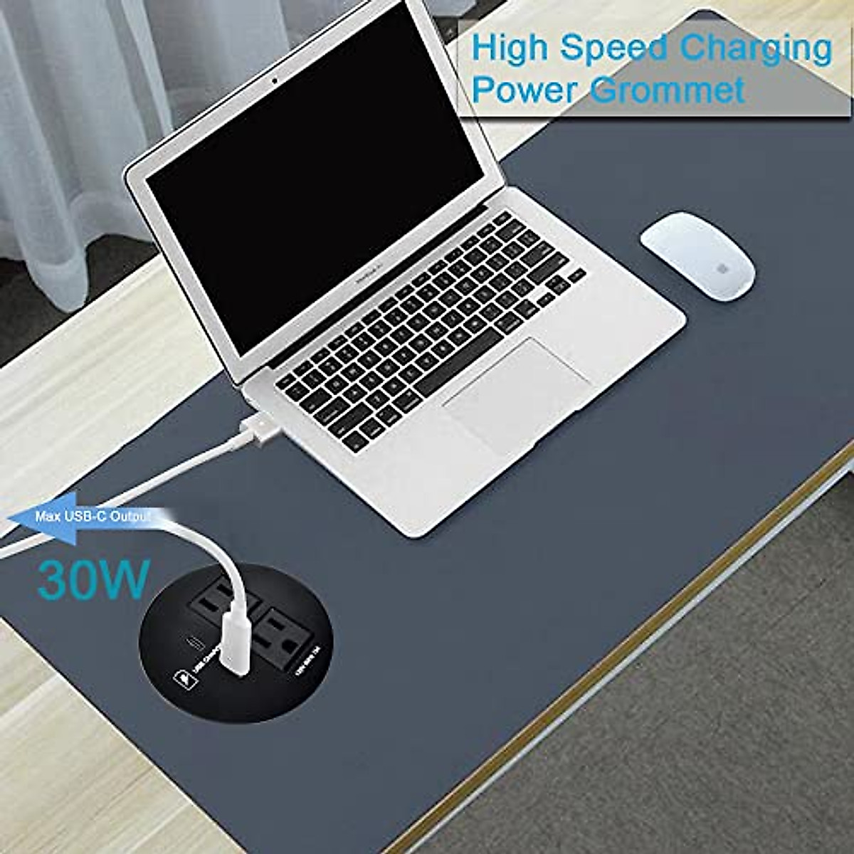Black Tabletop Power Grommet with 2 AC Power Outlets + 1 USB-A Charger + 1 USB-C Charger and 10 FT Power Cord