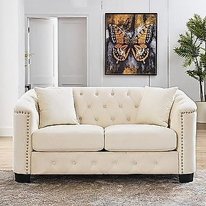 EMKK Modern Chesterfield Velvet Sofa 2-Seater Couches Upholstered Tufted Backrests with Nailhead Arms Loveseat and 2 Cushions for Living Room, Apartment, Office,Bedroom Mid Century, F-Beige
