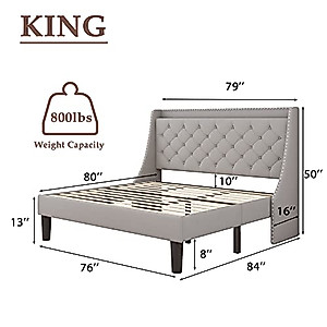 Feonase King Size Bed Frame with Deluxe Wingback Headboard, Upholstered Platform Bed Frame with Diamond Tufting & Storage Shelf, Wood Slats, Easy Assembly, Noise-Free, No Box Spring Needed, Light Gray