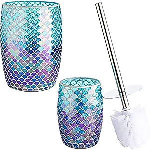 WHOLE HOUSEWARES | Bathroom Wastebasket | Mermaid Glass Mosaic Decoration and Bathroom Accessories Toilet Brush Set - Blue Toilet Bowl Brush and Holder (Fan Shape)
