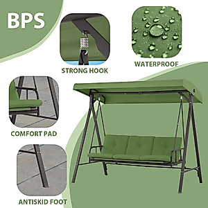 BPS 3-Person Patio Porch Swing Chair, Outdoor Patio Swing Hammock with Adjustable,Backrest and Canopy for Patio, Garden, Poolside, Balcony - Green