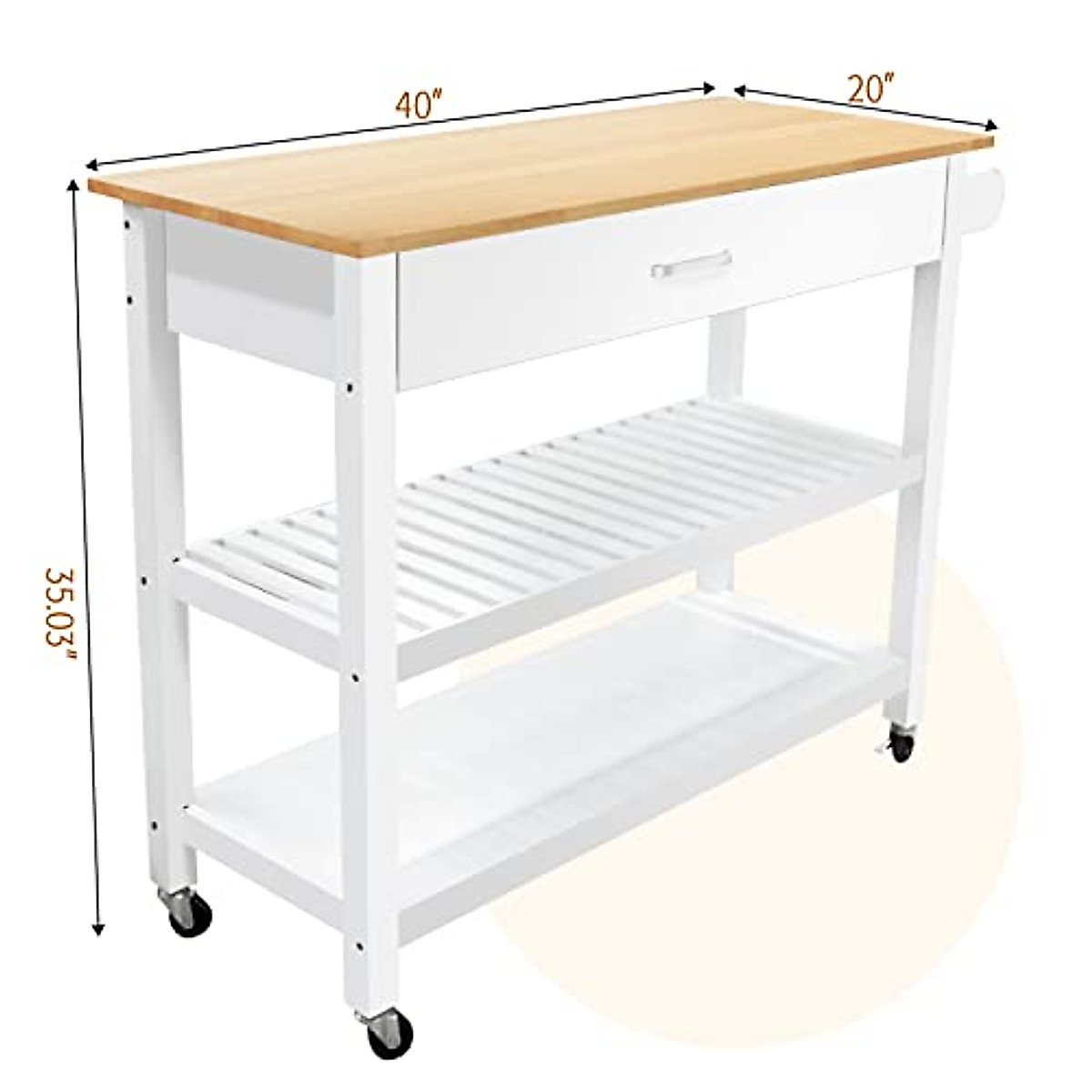 Unovivy Kitchen Island on Wheels, 3 Tier Kitchen Cart with Storage Drawer, 2 Shelves & Towel Rack, Rolling Kitchen Island with Wood Tabletop, Simple Design Mobile Island Table for Kitchen, White