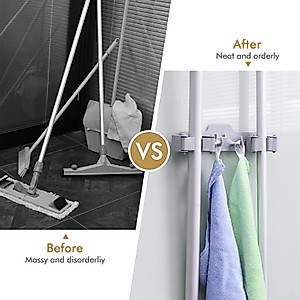 DrDirt Plastic Broom Holder Wall Mount Set,Tool Organizer Broom Holder for Home Kitchen Bathroom Laundry Room Closet Garden Garage, Gray