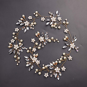 Chargances 27inch Wedding Bridal Crystal Hair Vine Handmade Pearl Headband for Brides Women and Girls Special Occasion Homecoming Boho Ivory Jewelry (Gold)