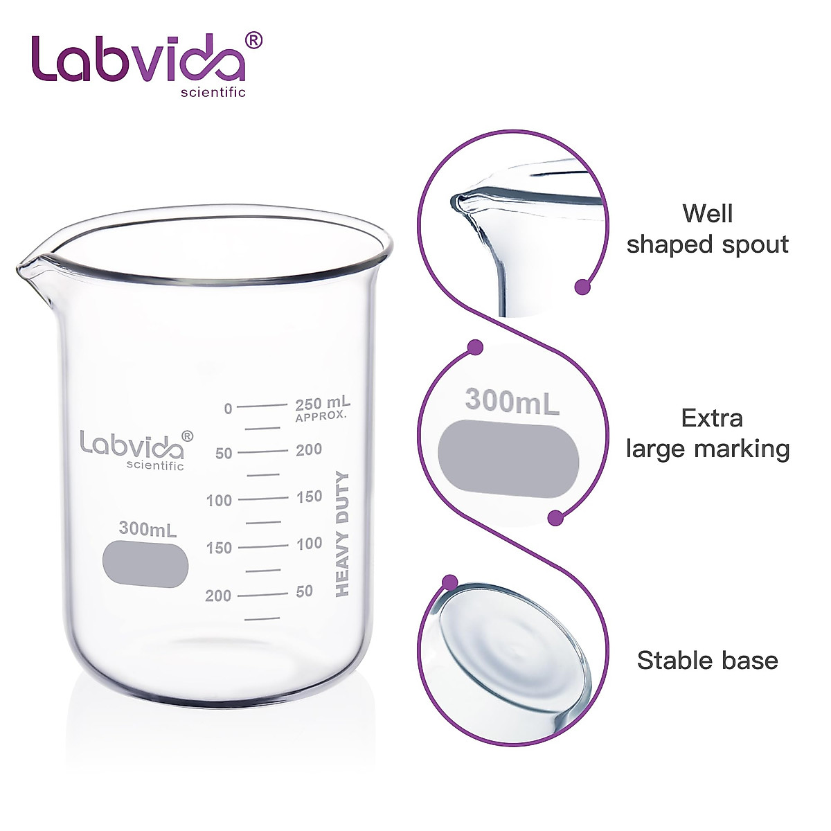 Labvida 6pcs 300ml Upgrated Thick Glass Beakers, Griffin Low Form Beaker Set with Double Scale, 3.3 Boro,LVA021