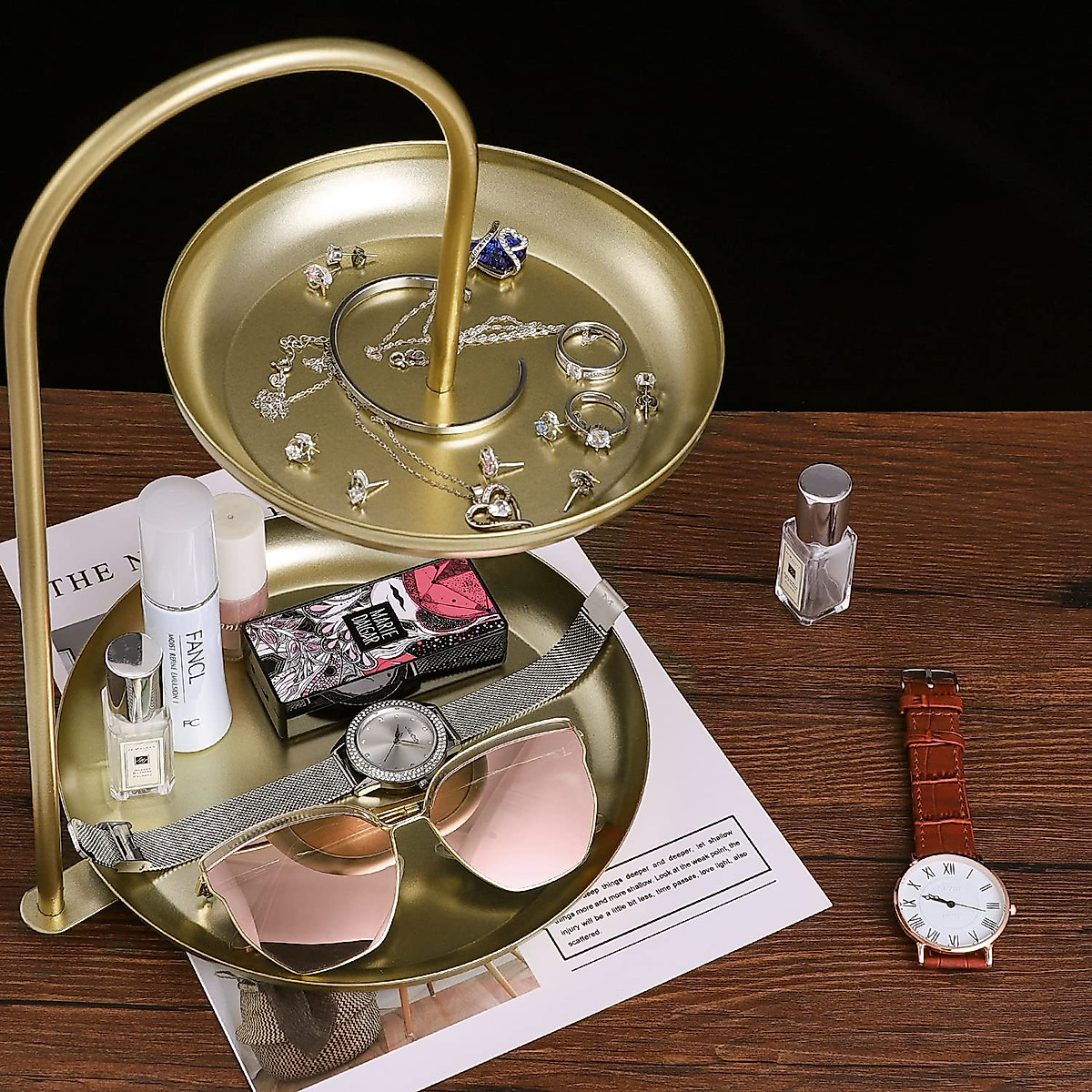 ManChDa 2-Tier Jewelry Tray Glod Multi Layer Necklace Holder Attractive Gold Jewelry Storage Display Stand Double Jewelry Organizer Table Storage Tray for Key, Bracelet & Ring