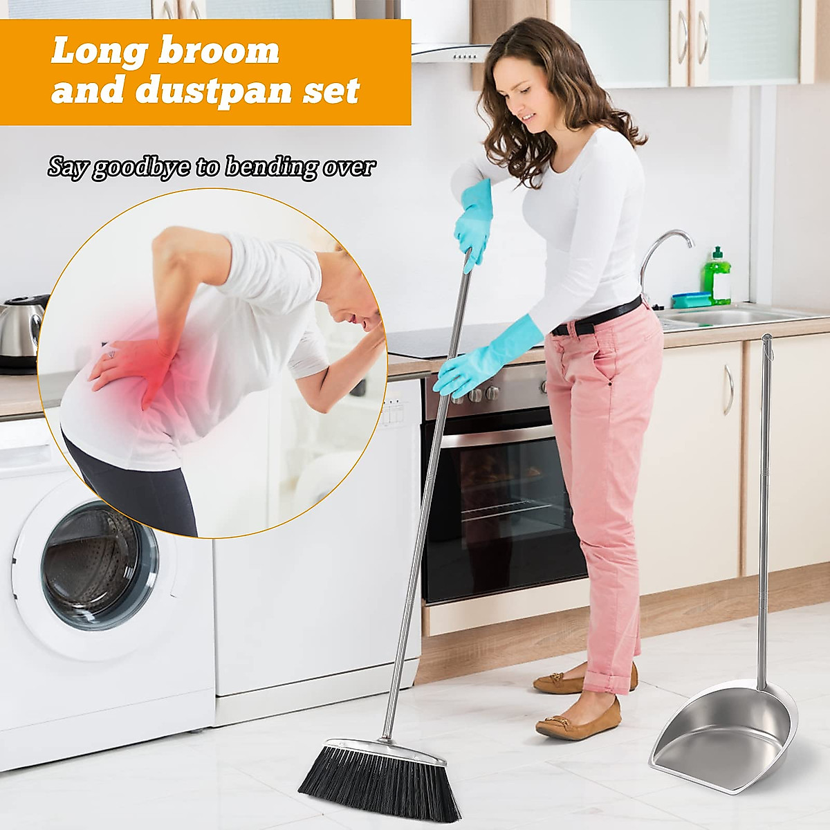 Broom and Dustpan Set for Home, Upright Broom and Dust Pan with Long Handle, Heavy Duty Stainless Steel Dustpan with Broom Combo Set for Sweeping Indoor Outdoor Kitchen Lobby Floor, Black