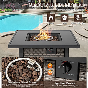 COSTWAY 32" Outdoor Fire Table, 50,000 BTU Propane Fire Pit Table w/Lid & Lava Rocks Rain Cover, Rattan Style Metal Patio Fireplace, Gas Firepit Table for Outside Yard Balcony, Grey