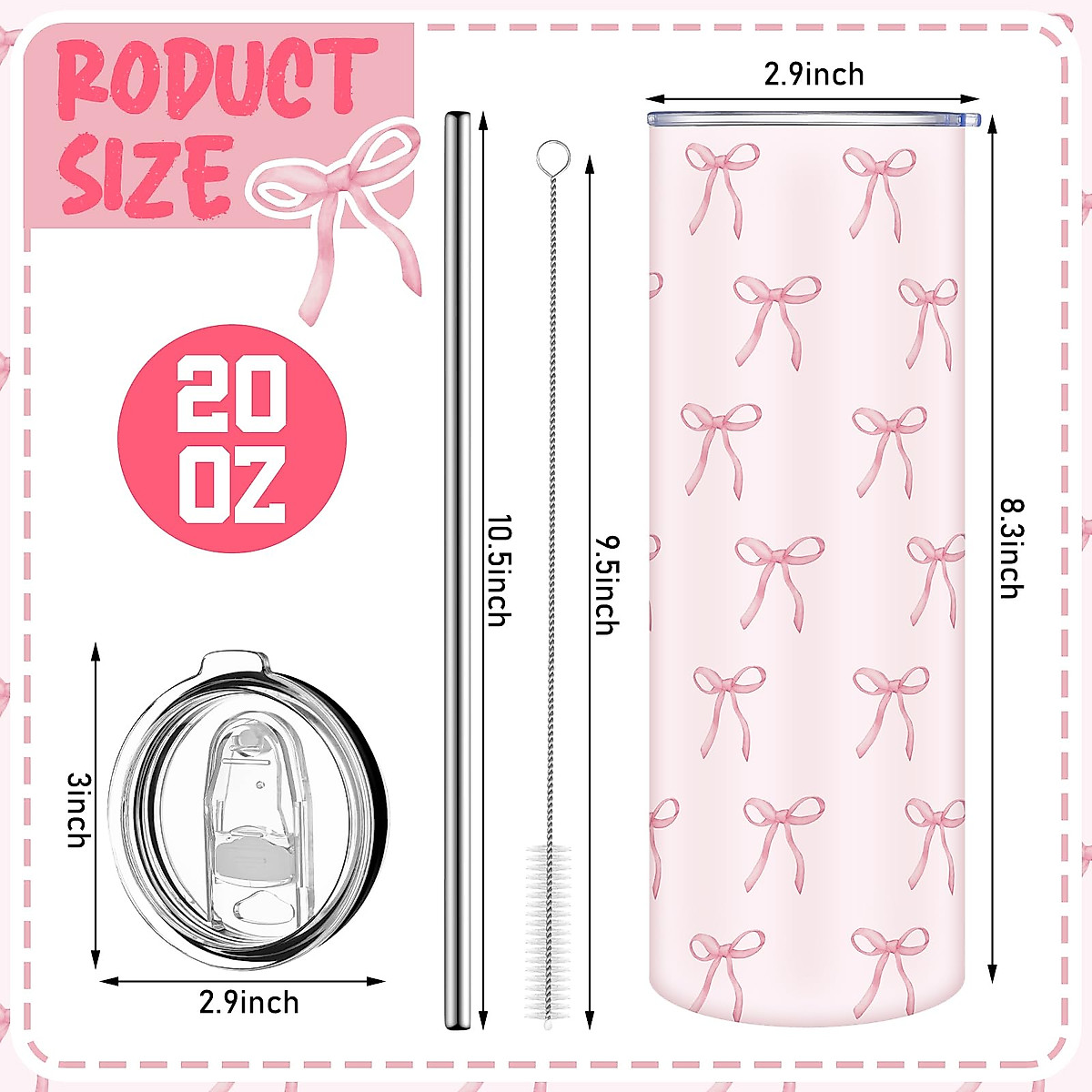 Skylety Pink Bow Tumbler with Lid and Straw, 20 oz Coquette Bow Stainless Steel Drinking Cup for Women Friend Birthday Party Gifts