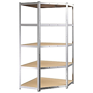 vidaXL 5-Layer Corner Shelf in Silver - Industrial Design - Galvanized Steel and Engineered Wood Construction - Ample Storage Space