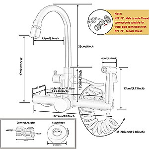 Wall Mount Kitchen Faucet 8 Inch Faucet Brushed Nickeled Faucet for Kitchen, with Spray Gun and 2 Water Jet, Swivel 360° spout Wall Faucet, Wall mounting Kitchen Faucet