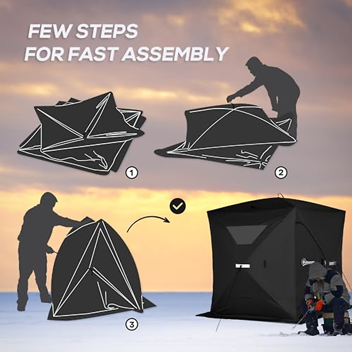 Outsunny 2-4 People Ice Fishing Shelter, Pop-Up Portable Ice Fishing Tent with Carry Bag, Two Doors, Windows and Vents, Ice Shanty for Winter Fishing, Black