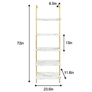 aboxoo Ladder Shelf White Marble Open Bookshelf 5-Tier Wall-Mounted Wood Rack Industrial Modern Plant Flower Stand Utility Organizer Bookcase Metal Frame Furniture Office Kitchen Bedroom