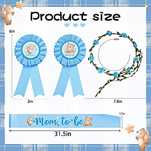 4pcs Bear Theme Mom to Be Sash baby shower Dad to Be Pin and blue Flower Crown for Gender Reveal Party Baby Shower Decorations for boys Pregnancy Props Keepsake Gifts
