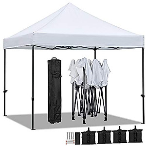 Yaheetech 10x10 Pop Up Canopy Tent, Commercial Instant Heavy Duty Canopy, 500D Waterproof Adjustable Canopy with Wheeled Carry Bag, 4 Sandbags & 4 Stakes, White
