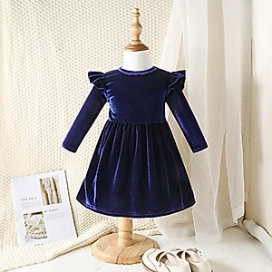 Toddler Baby Girls Velvet Tutu Dress Ruffle Long Sleeve Princess Pageant Christmas Party Wedding Dresses Fall Winter Clothes Infant Kids Birthday Holiday Playwear Dresses Outfit Navy Blue 12-18 Months